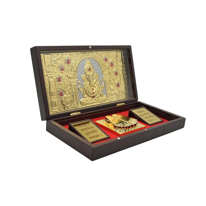 Gold Plated Ganesh Ganapati Photo Frame with Charan Paduka for Pooja R ...